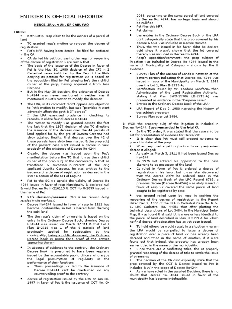 Official Records and Land Ownership Dispute | PDF | Evidence (Law ...