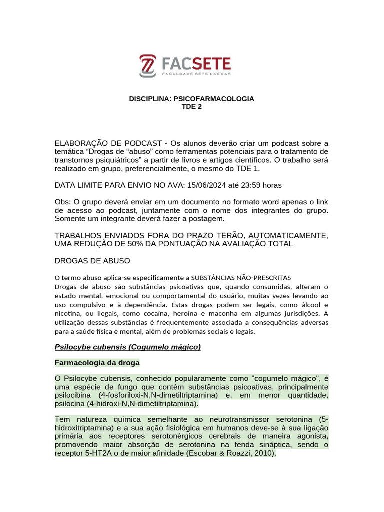 TDE 1 Psicomarcologia | PDF