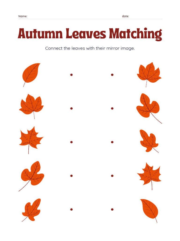 Autumn Leaves Matching Worksheet in Orange Illustrative Style | PDF