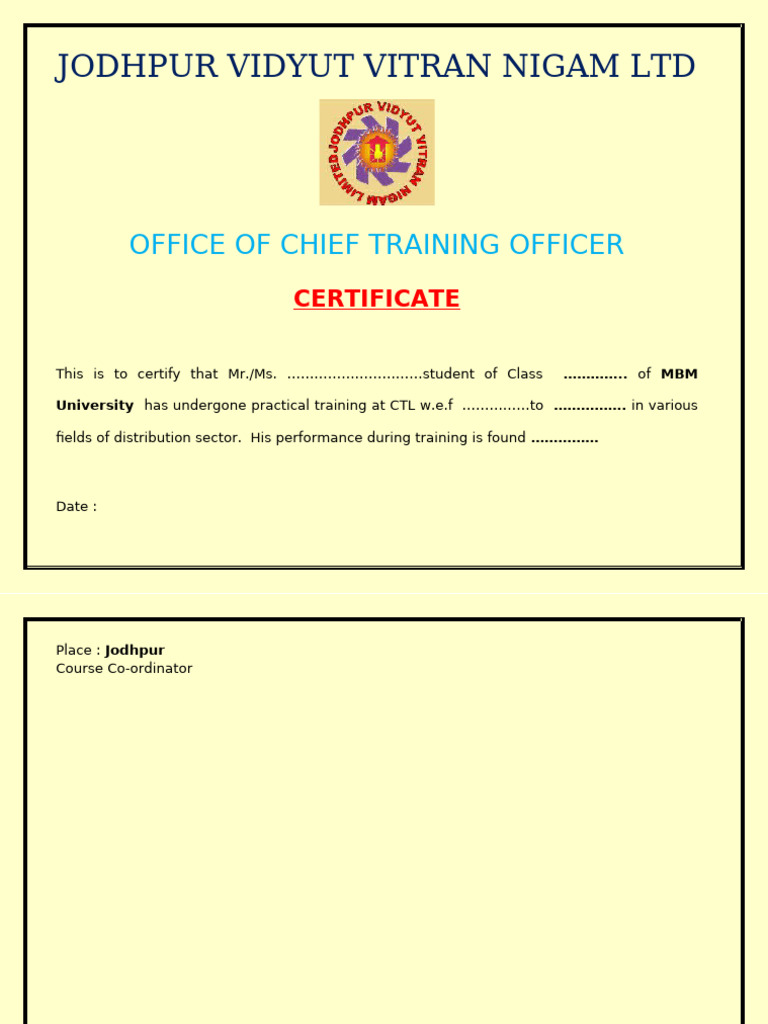 Summer Training Certificate - Format | PDF