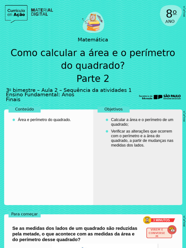 Aula 2 - Como Calcular A Área e o Perímetro Do Quadrado Parte 2 | PDF