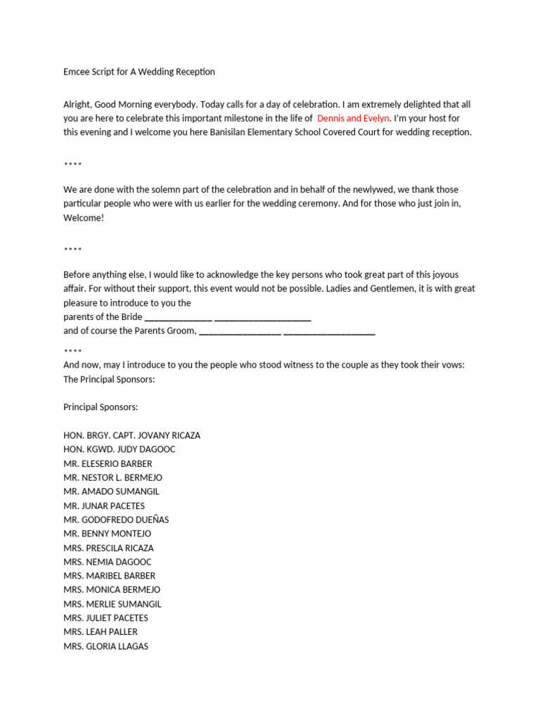 Emcee Script For A Wedding Reception | PDF