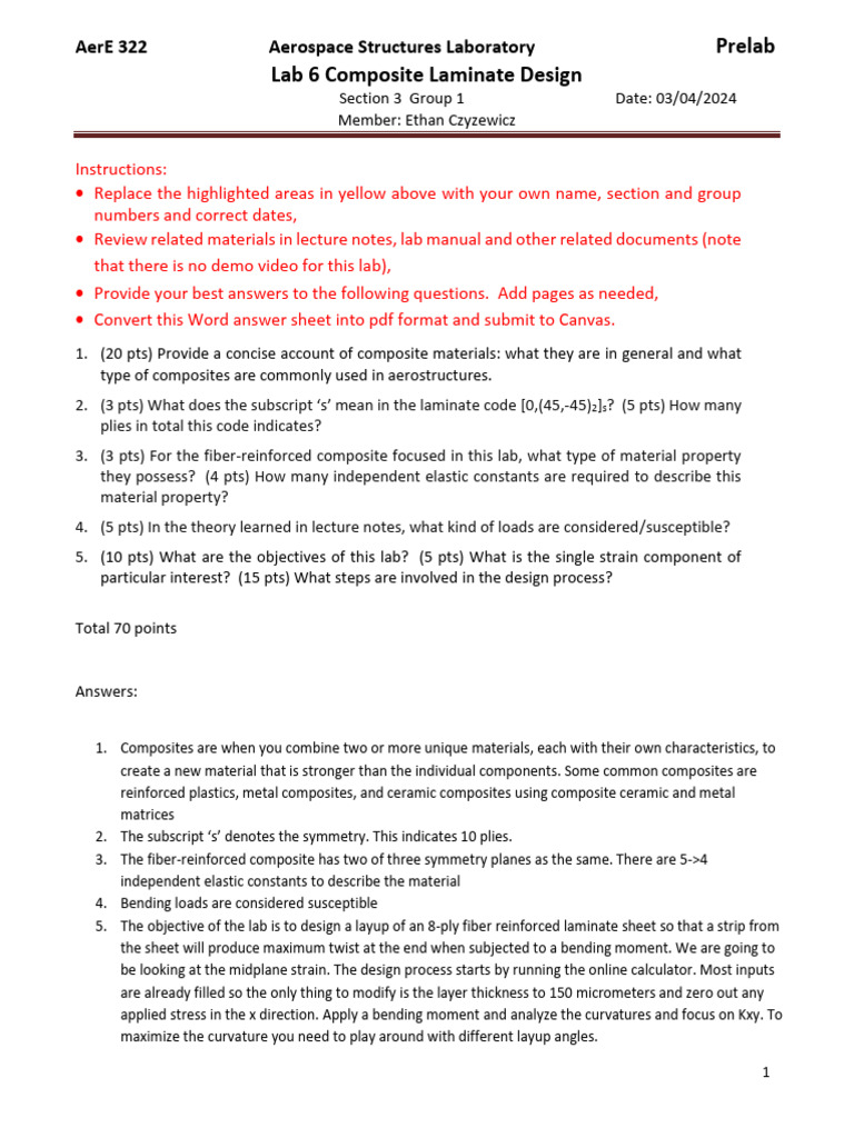 Aer E 322 Prelab 6 | PDF