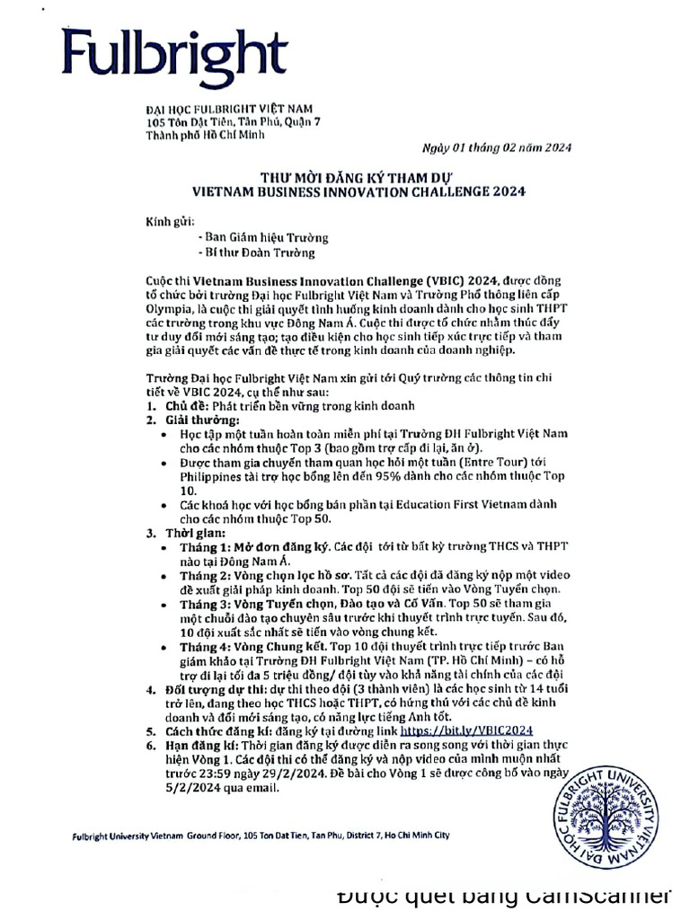 Cuoc Thi Business Innovation Challenge 2024 - DH Fulbright | PDF