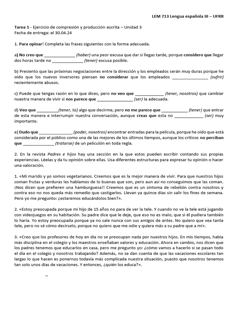 TAREA 1 - Ejercicio de Compresión y Producción Escrita - Unidad III | PDF