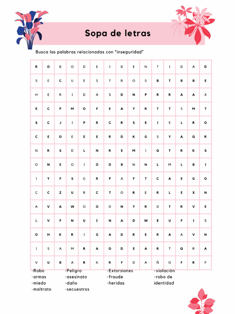 Rosa Español Sopa de Letras Verbos Ficha de Ejercicios | PDF