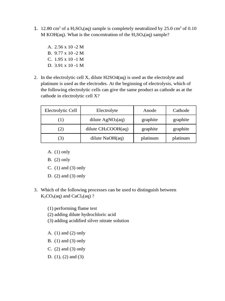 Chem Quiz Chapter Acid, Metal, Redox 23-8-2024 (2024 Dse) | PDF