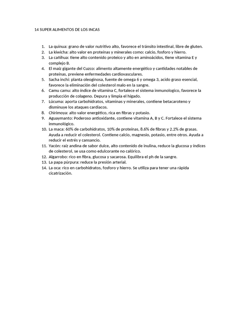 14 Super Alimentos de Los Incas | PDF