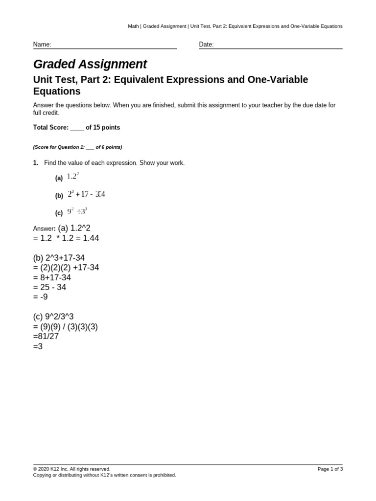 Graded Assignment: Unit Test, Part 2: Equivalent Expressions and One ...