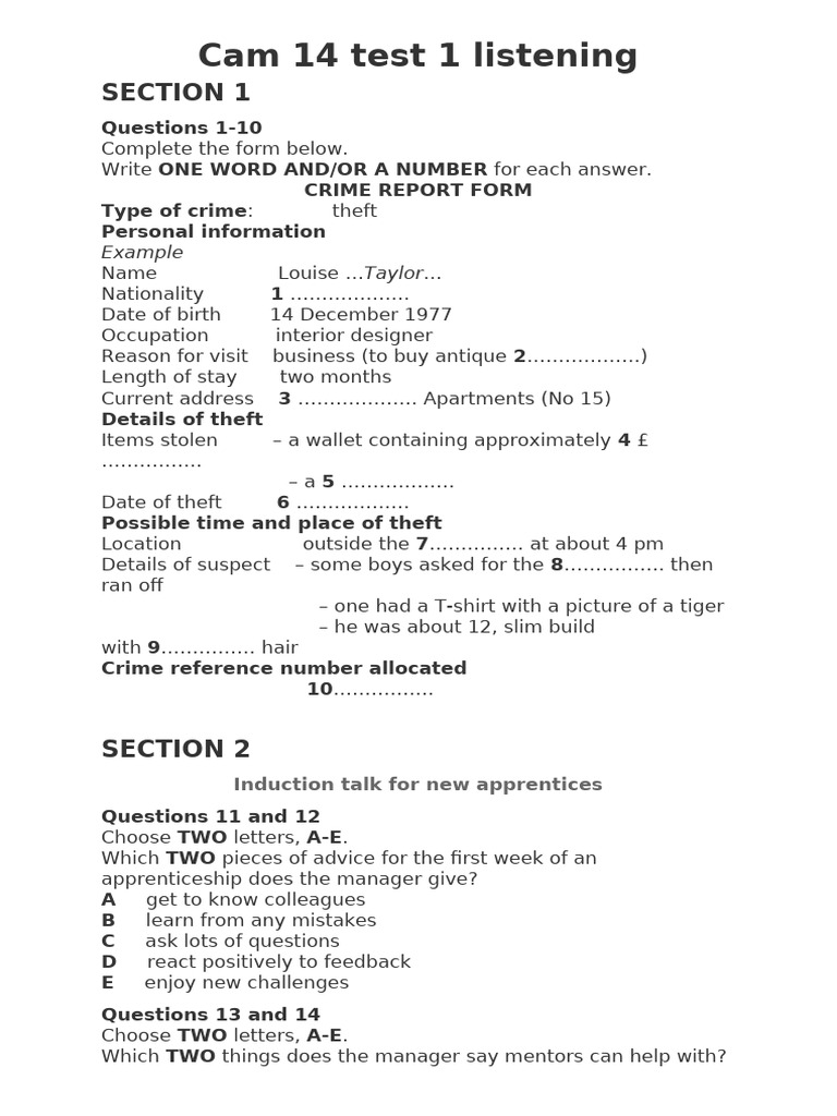 Cam 14 Test 1 Listening | PDF