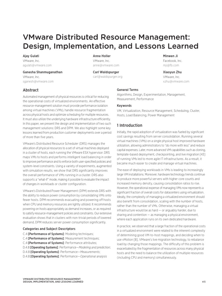 VMware Distributed Resource Management - Design, Implementation and Lessons Learned, 2012 | PDF