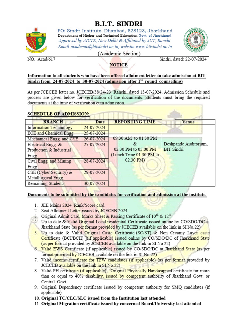 Notice For B.tech 1st Sem 2024 25 Admission at BIT Sindri Through ...