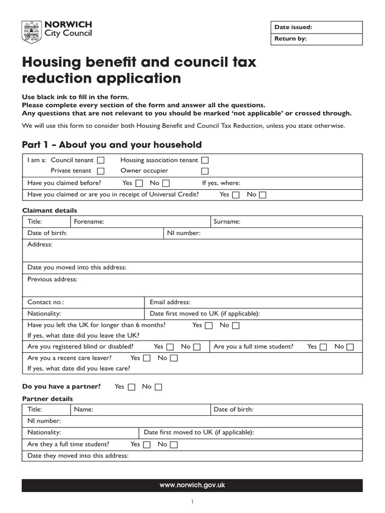 Housing Benefit and Council Tax Reduction Application Form 1 | PDF