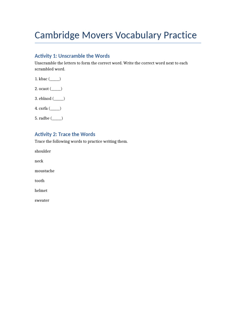 Movers Vocabulary Worksheet | PDF