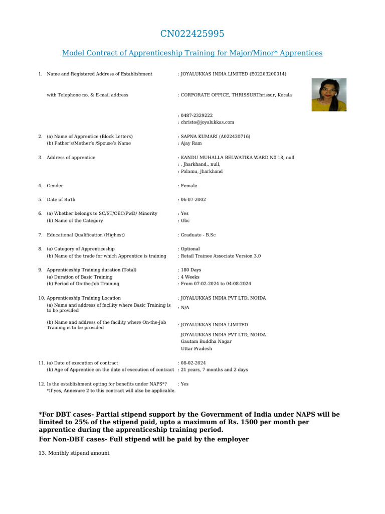 SAPNA - APPRENTICESHIP CONTARCT | PDF