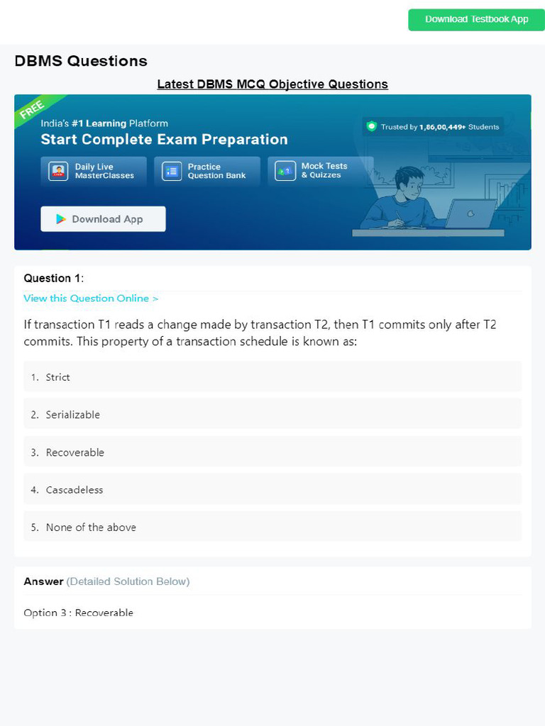 MCQ On Dbms 5eea6a0939140f30f369da74 | PDF