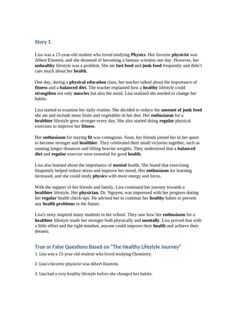 True or False Questions The Healthy Lifestyle Journey | PDF