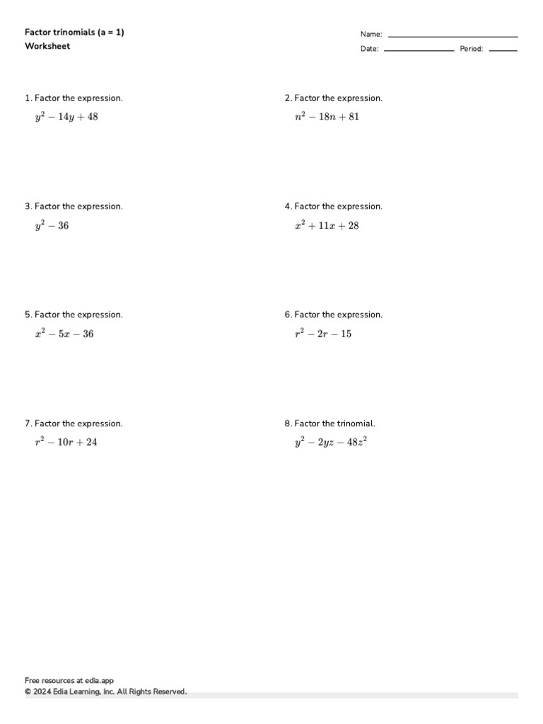 Factor Trinomials (A 1) - Worksheet | PDF