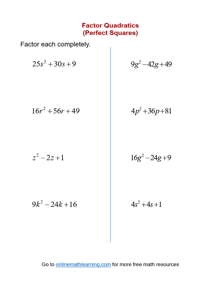 Factor Perfect Square Worksheet | PDF