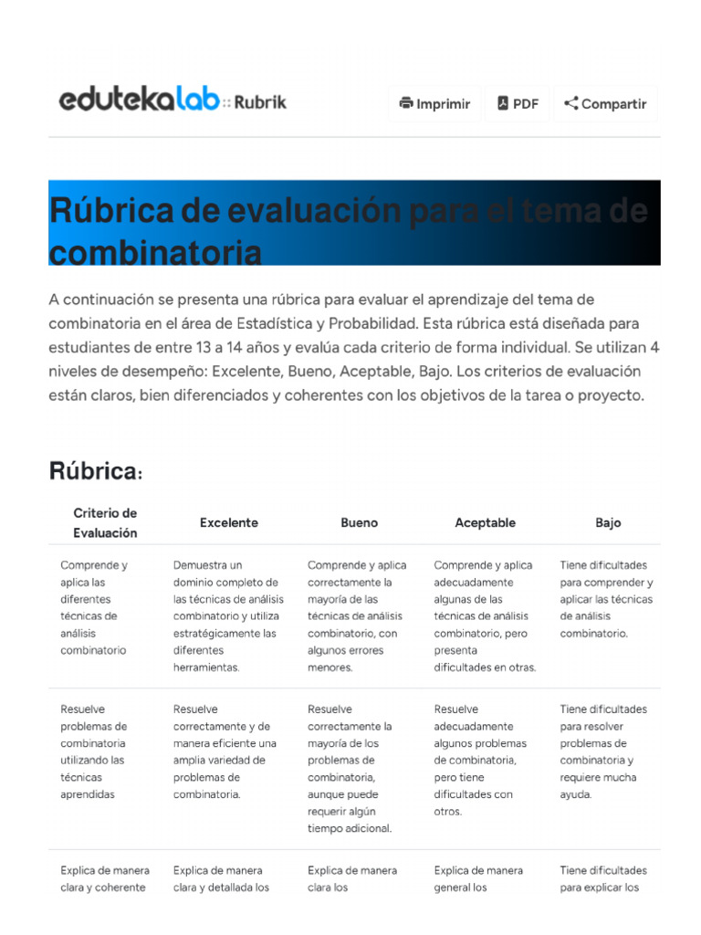 Rúbrica de Evaluación para El Tema de Combinatoria | PDF
