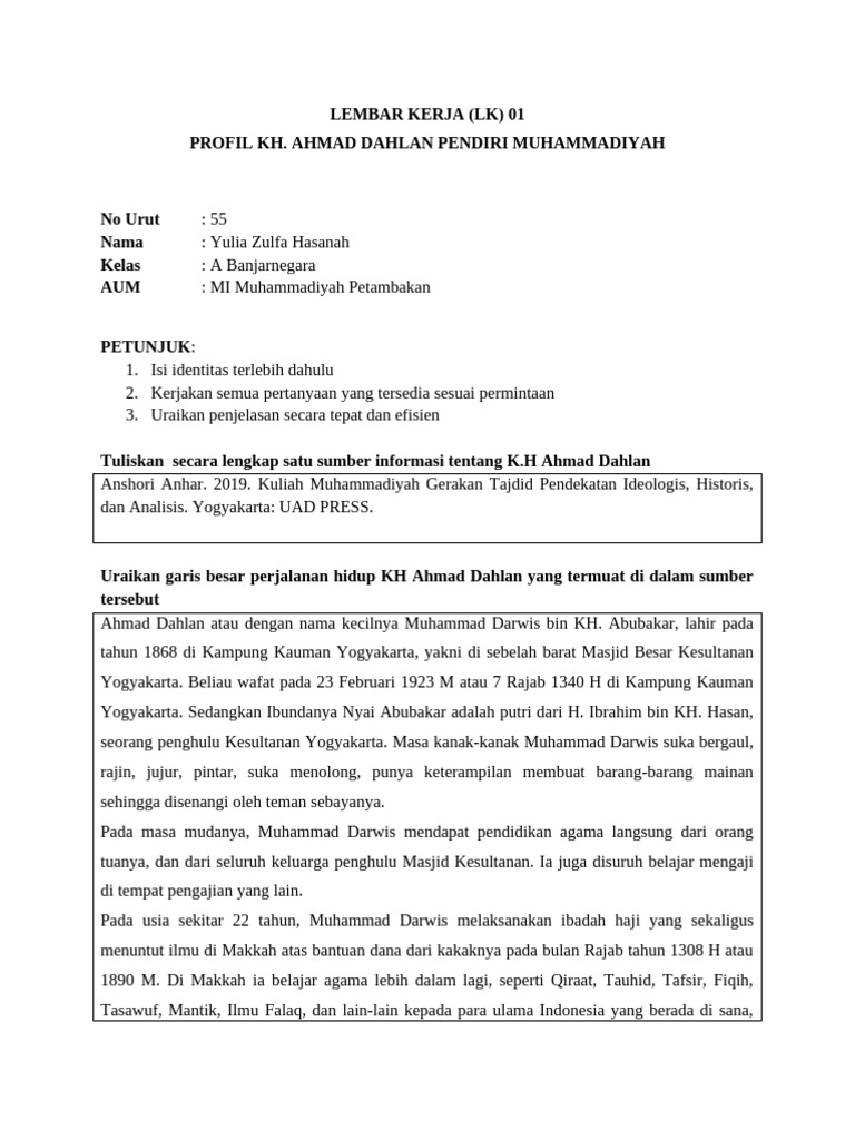 LK 01 Profil KH Ahmad Dahlan (Yulia Zulfa Hasanah) | PDF