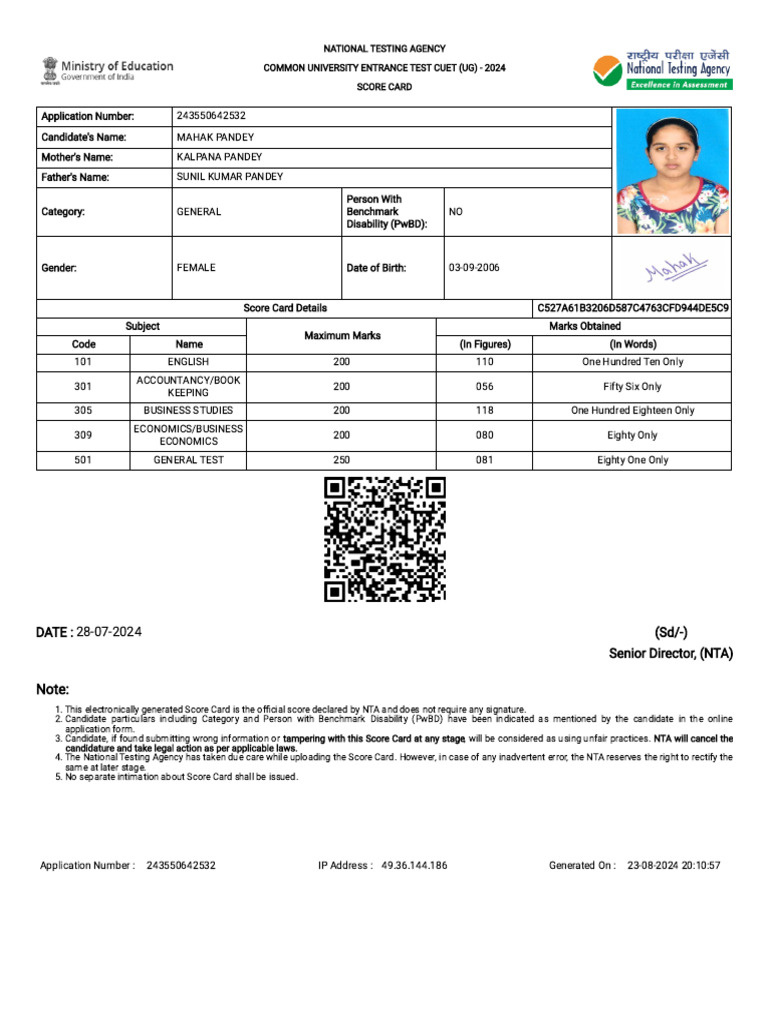 CUET-UG - 2024 Score Card | PDF