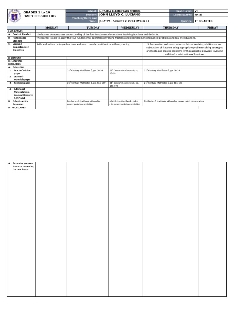 DLL Math 6 Q1 Week 1 | PDF