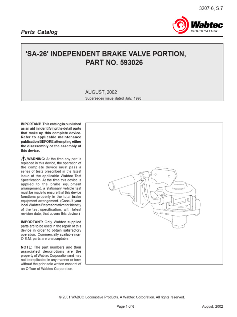 'Sa-26' Independent Brake Valve Portion, PART NO. 593026: Parts Catalog ...