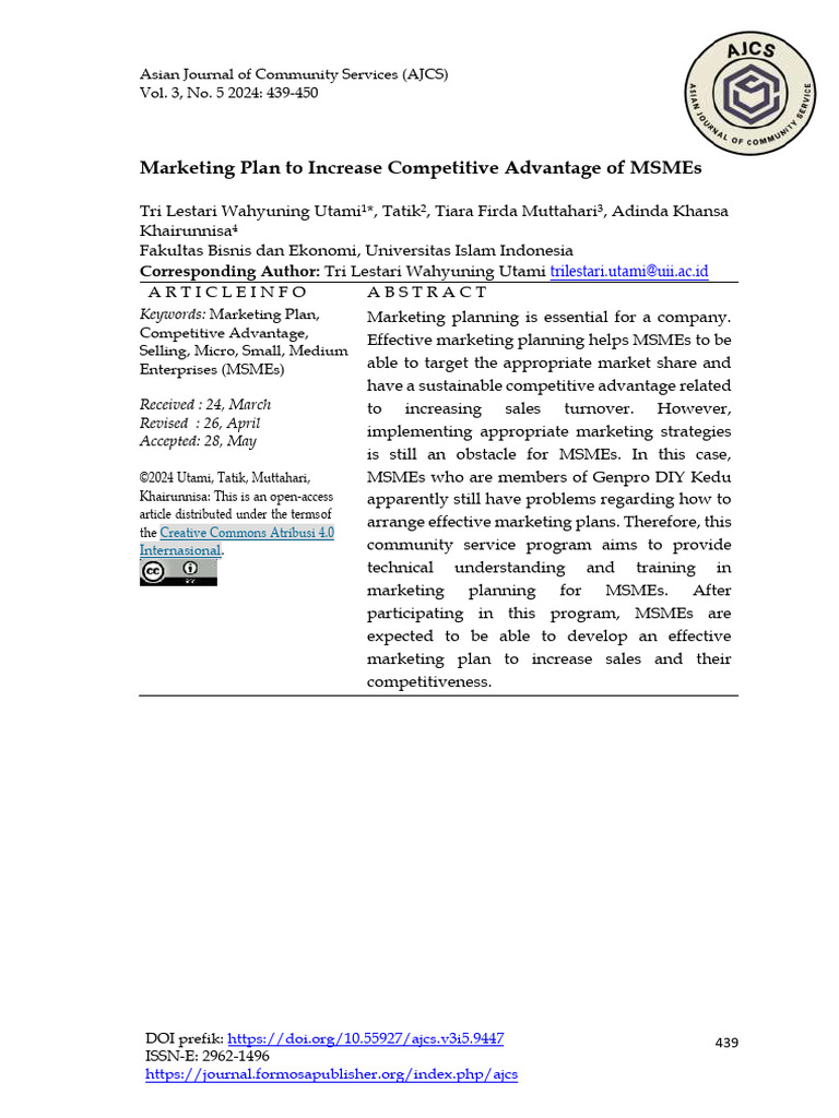 Marketing Plan to Increase Competitive Advantage of MSMEs | PDF