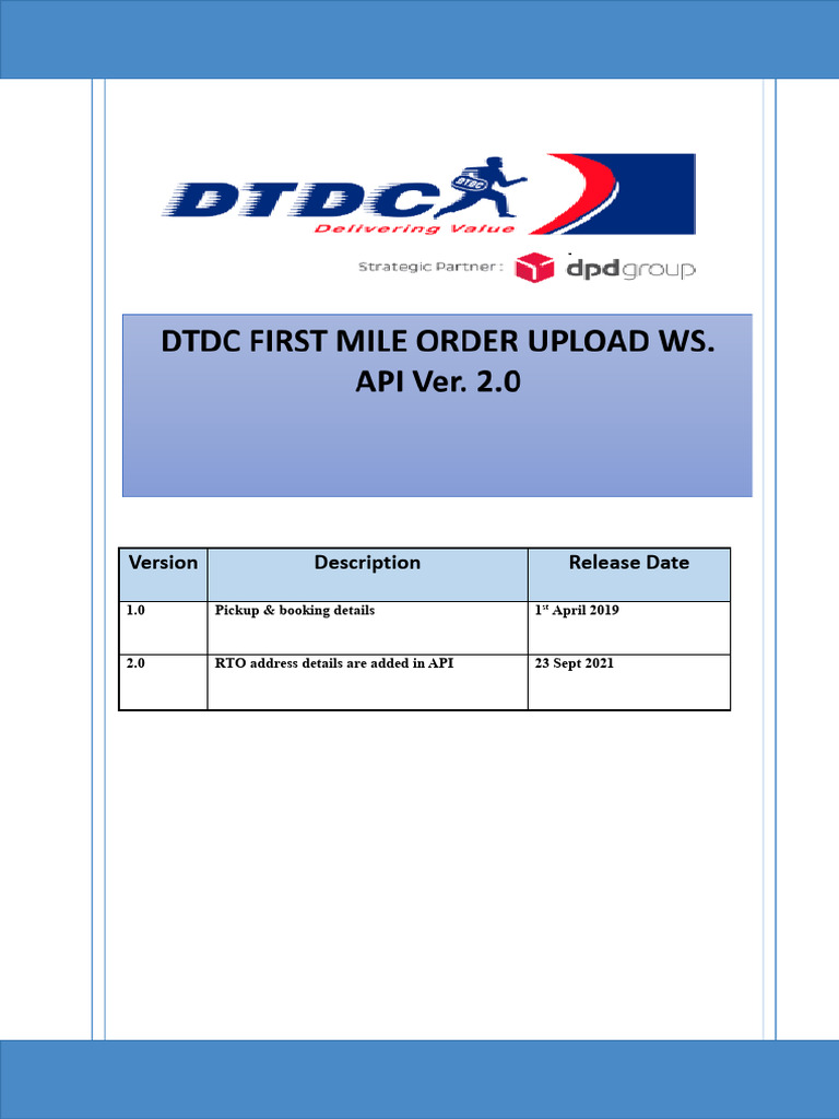 DTDC FIRST MILE API ORDER UPLOAD WS Ver 2.0 (1) | PDF