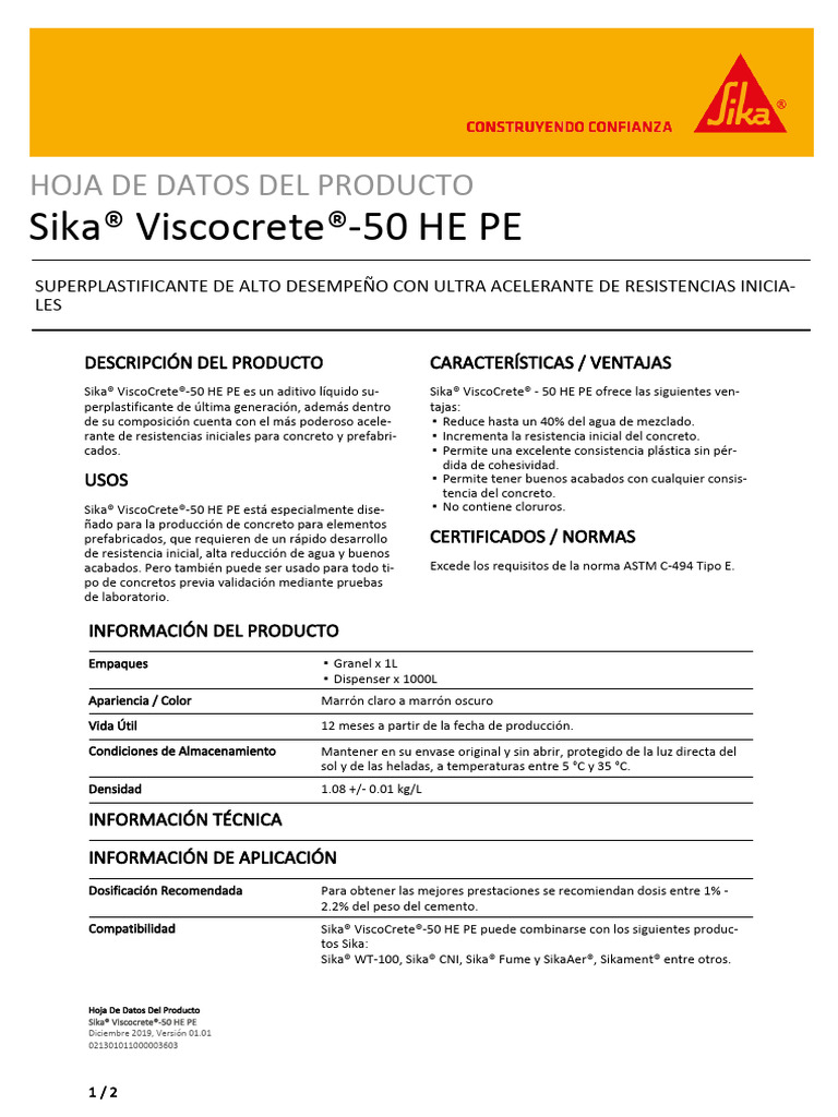Sika® Viscocrete®-50 HE PE: Hoja de Datos Del Producto | PDF