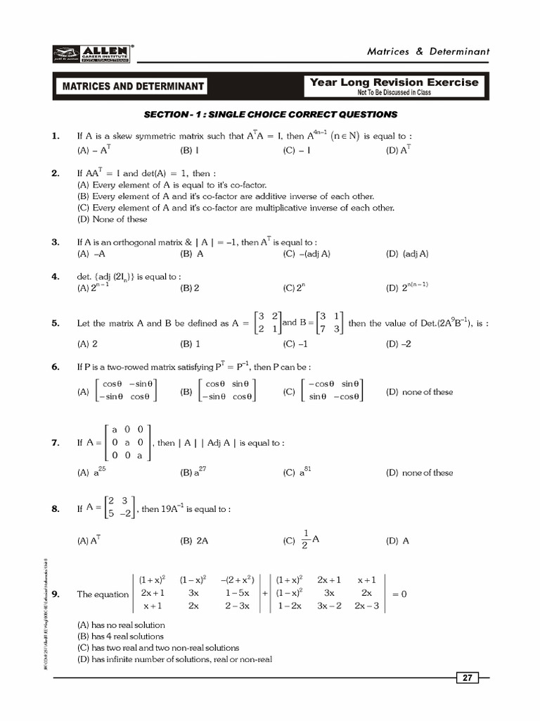 (YLRE) (Matrices & Determinant) Allen YEAR-LONG | PDF