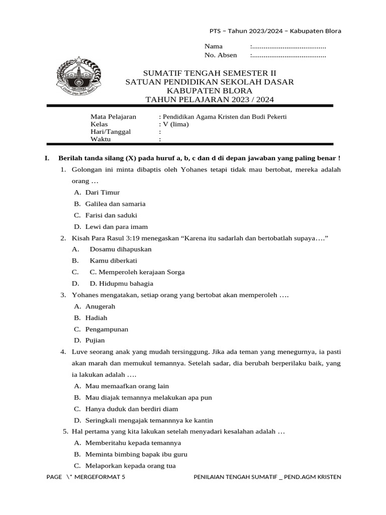 STS Agama Kristen Kelas 5 Semester 2 | PDF