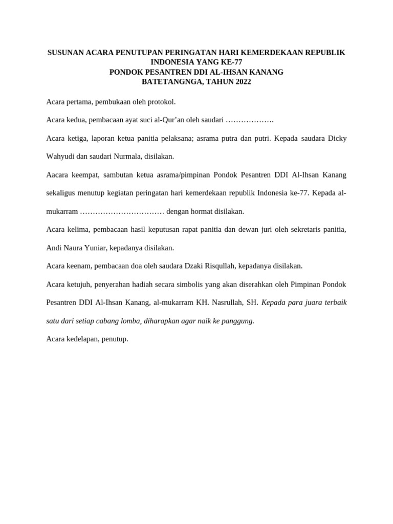 NASKAH MC HUT RI PONDOK | PDF