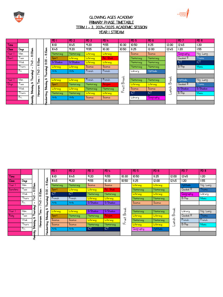 Glowing Ages Academy (Gaa) Primary Section Timetable 2024 2025 Academic ...