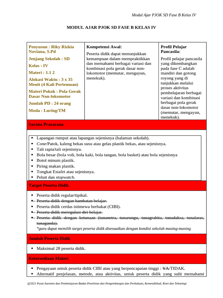 Modul Ajar BAB 2 - PJOK Kls 4 - Pola Gerak Dasar NonLokomotor | PDF