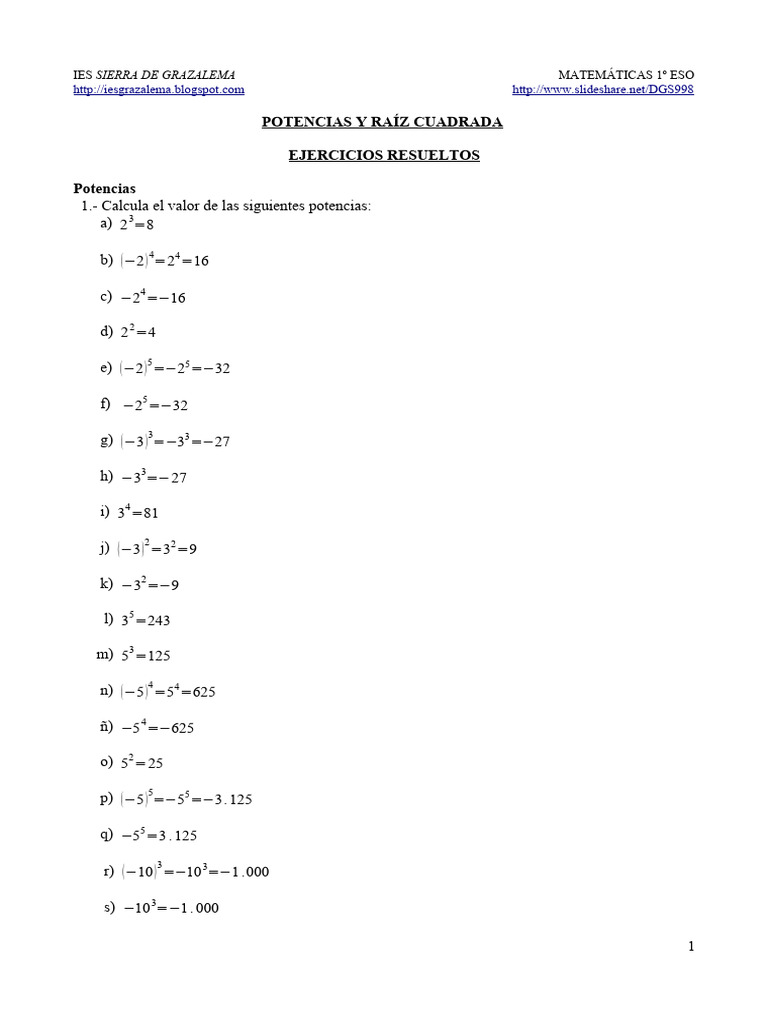 EJERCICIOS RESUELTOS. Potencias y Raíz Cuadrada | PDF