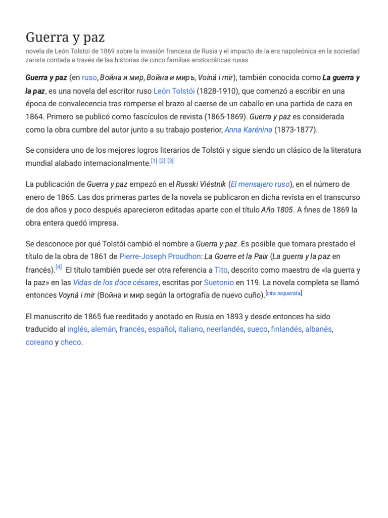 Guerra y Paz - Wikipedia, La Enciclopedia Libre | PDF