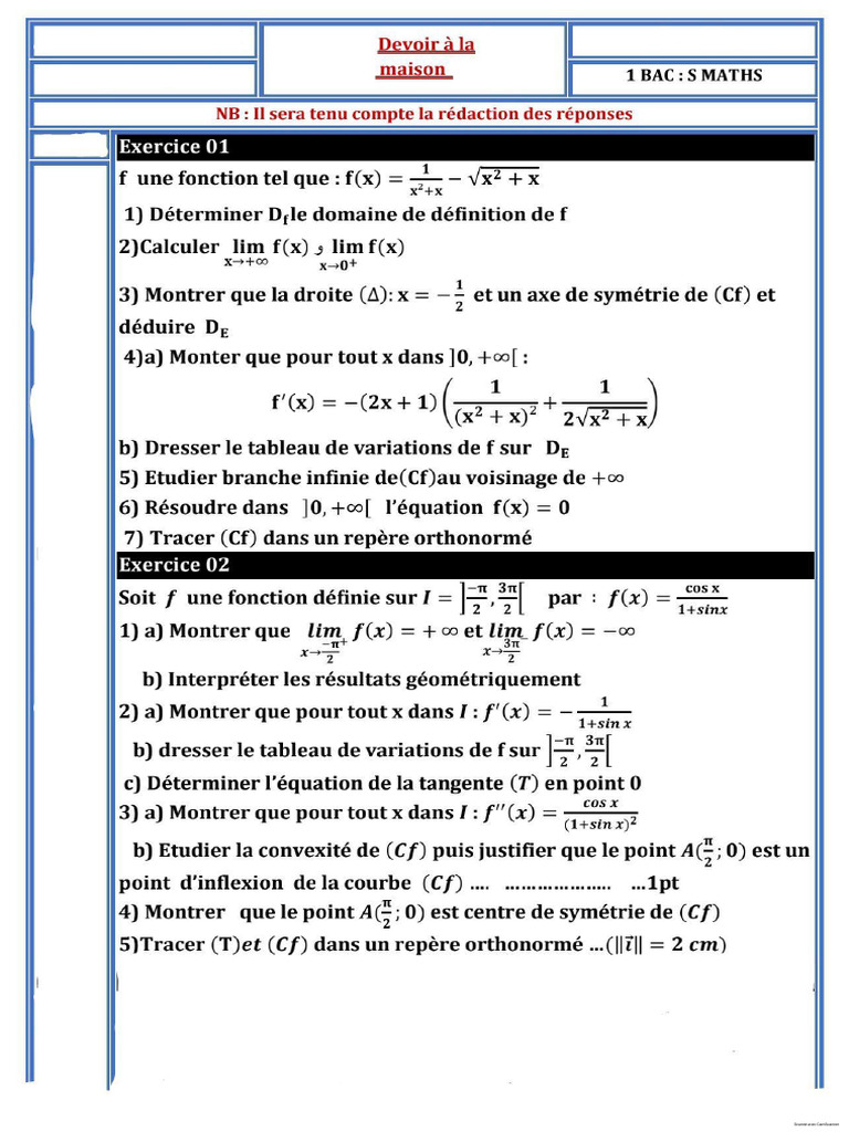 Devoir À La Maion 06-1bac-SM-etude-des Fcts | PDF