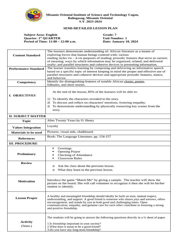 MagnoyEmily - SED 131lesson Plan | PDF | Friendship | Learning