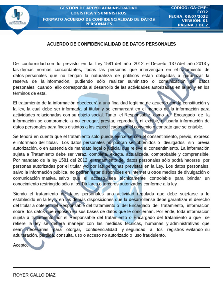 Ga-Cmp-Fo12 Formato Acuerdo de Confidencialidad | PDF