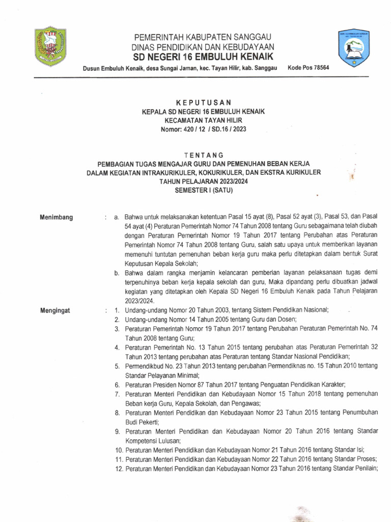 SK Pembagian Tugas Sem.1 2023-2024 | PDF