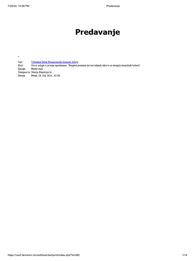 Predavanje 7 - Nova Usluga U Javnim Apotekama Pregled Primene Novouvedenih Lekova Za Terapiju ...