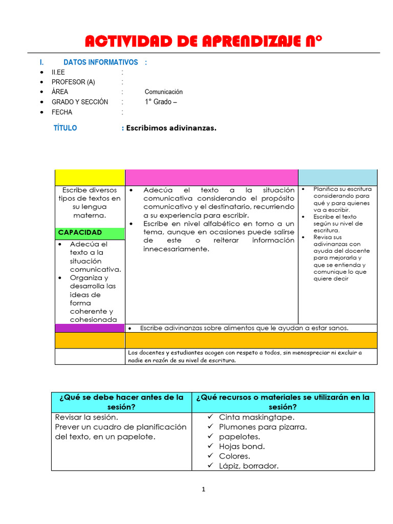 Sesión Escribimos Adivinanzas | PDF