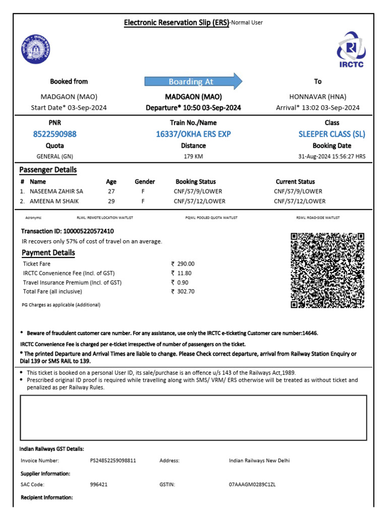 16337/OKHA ERS EXP Sleeper Class (SL) | PDF | Identity Document | Payments