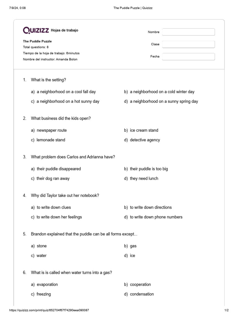 The Puddle Puzzle - Quizizz Spelling 2 | PDF | Phases Of Matter ...