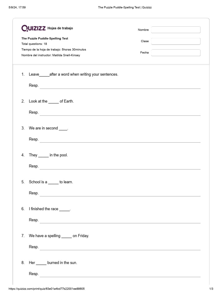 The Puzzle Puddle-Spelling Test - Quizizz | PDF