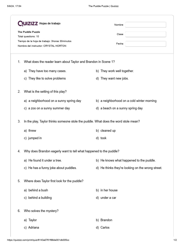 The Puddle Puzzle - Quizizz | PDF