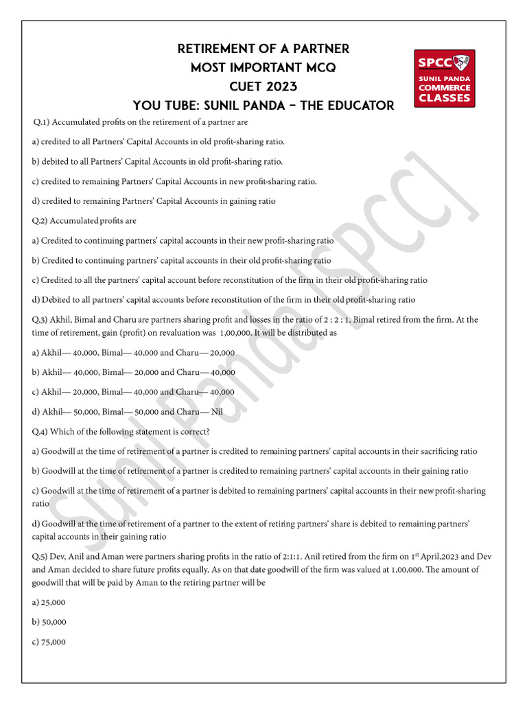 Retirement of A Partner MCQ CUET 2023 Sunil Panda (SPCC) | PDF