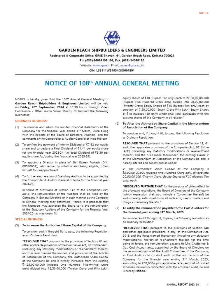 GRSE 108th AGM Notice 2024 | PDF | Income Tax | Taxes